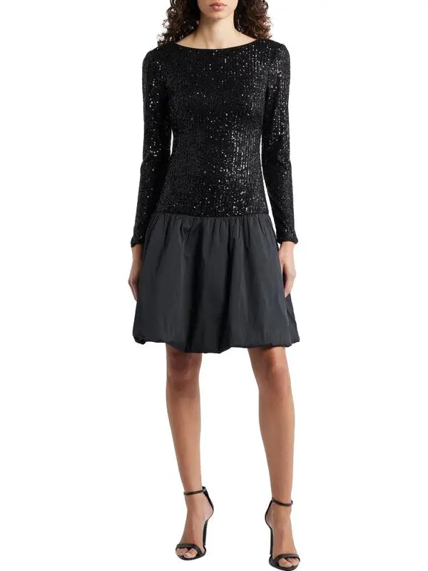 Eliza J Sequin Bodice Mixed Media Cocktail Dress - Black