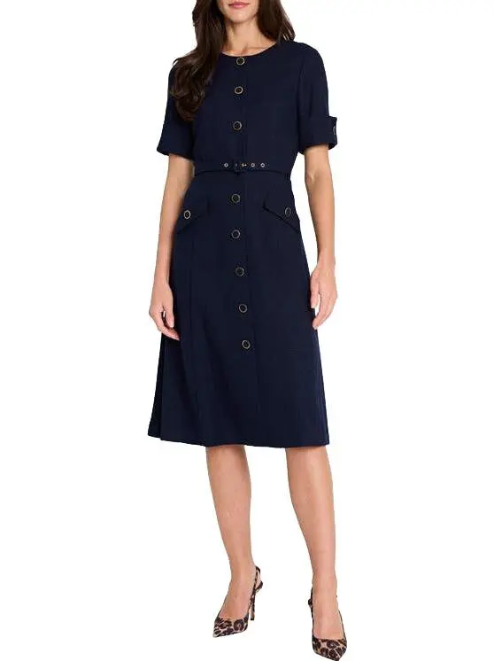 TAHARI ASL Belted Metallic Bouclé Dress - Navy