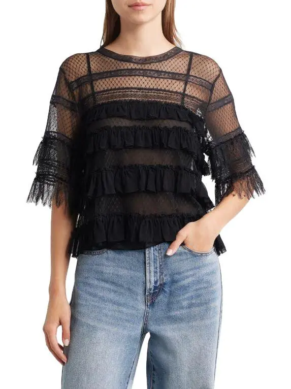The Great. Winter Lace & Mesh Top - Black