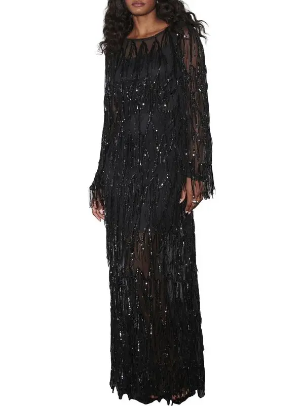 NEXT Sequin Tassel Long Sleeve Maxi Dress - Black