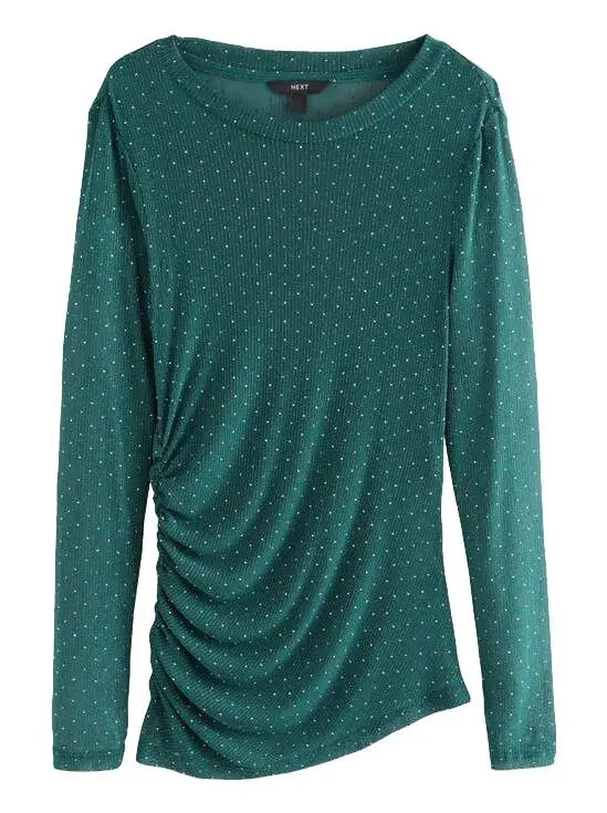 NEXT Ruched Embellished Mesh Top - Green