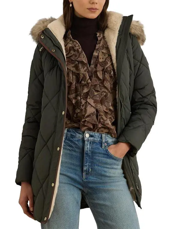 Ralph Lauren Faux Fur Trim Hooded Puffer Jacket - Litchfield Loden