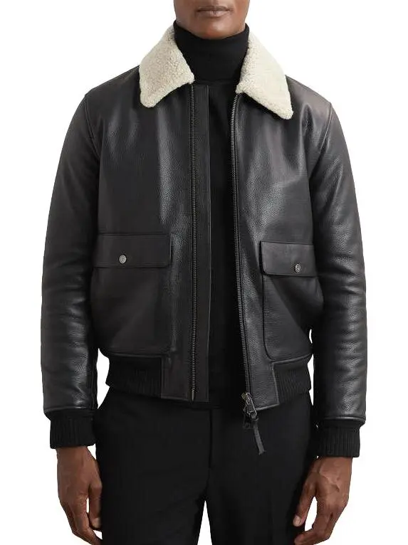 REISS Shearling Collar Leather Bomber Jacket - Black