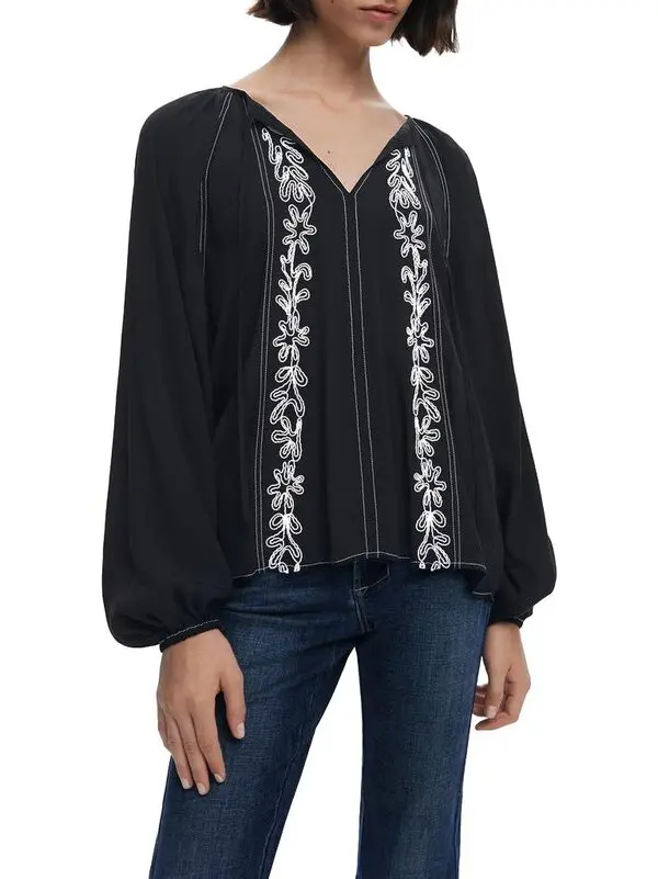 Desigual Embroidered Tie Neck Blouse - Black