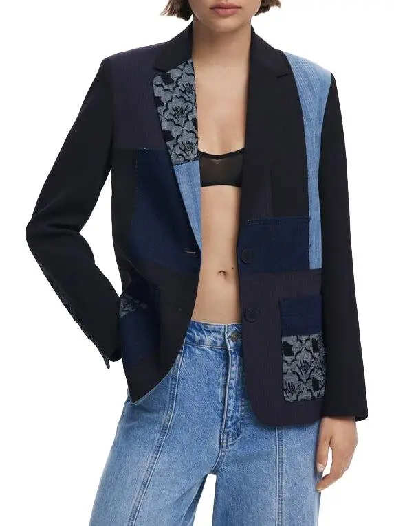 Desigual Mixed Media Blazer - Gray Blue