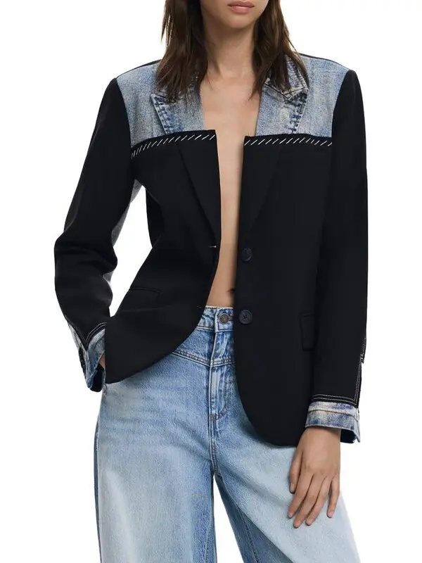 Desigual Denim Trim Notched Lapel Blazer - Dark Blue