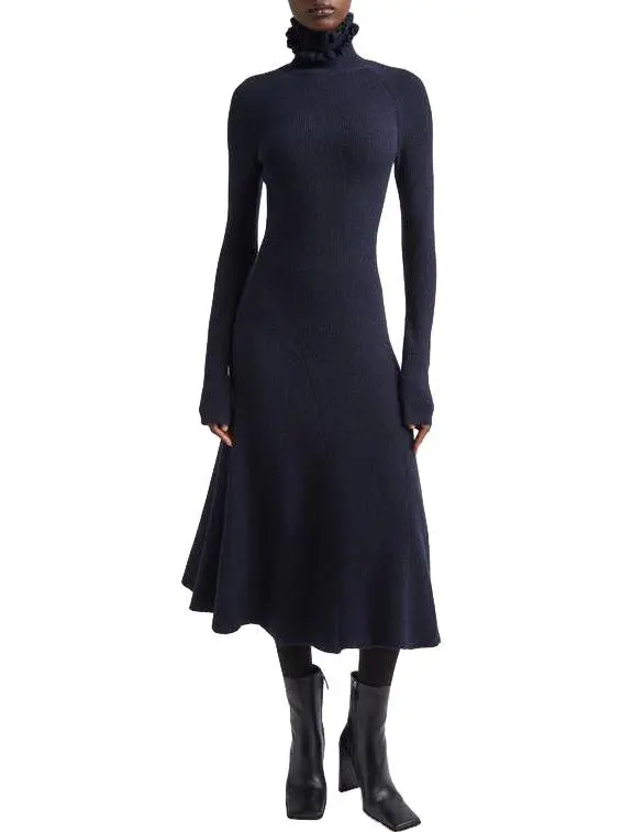Alaïa Long Sleeve Wool & Silk Blend Fit & Flare Sweater Dress - Marine