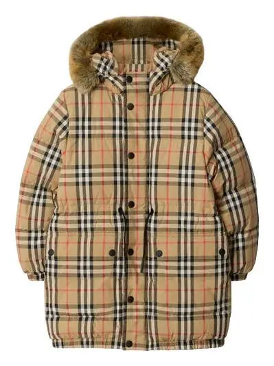 Burberry Faux-fur Trim Check Nylon Puffer Coat - Sand Beige