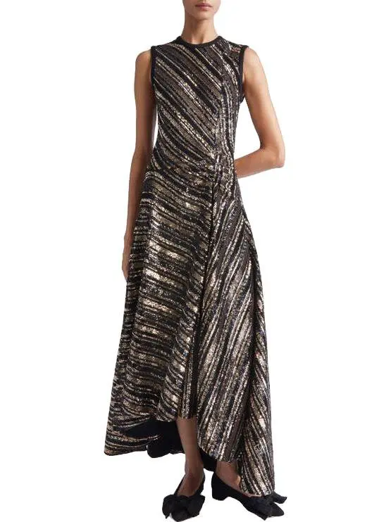 Giambattista Valli Sequin Stripe Asymmetric Midi Dress - Black/gold
