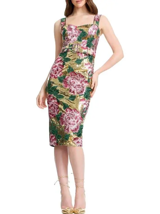 Dress The Population Nicole Sequin Floral Embroidered Midi Dress - Gold Multi