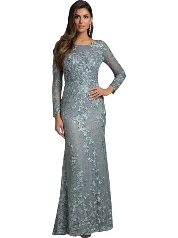 LARA NEW YORK Lace Appliqué Embellished Long Sleeve Dress - Grey