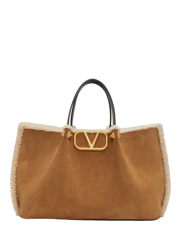 Valentino Garavani Vlogo Suede Tote - Havana Beige/burro/oak Brown