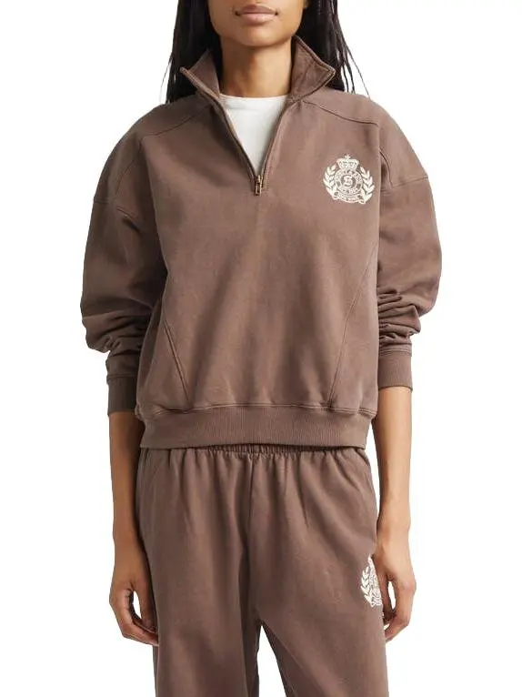 SPORTY & RICH Ny Crest Embroidered Half Zip Fleece Sweatshirt - Chocolate