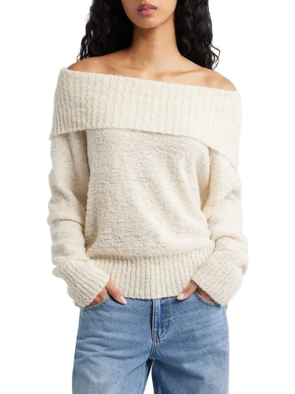 Princess Polly Parkley Bouclé Off-the-shoulder Sweater - Cream