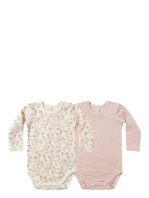 QUINCY MAE Floral & Stripe Organic Cotton Jersey Bodysuits 2-pack - Ivory-rose