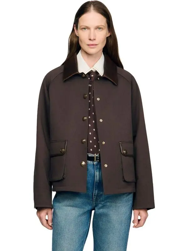Sandro Gabardine Coat With Leather Collar - Brown