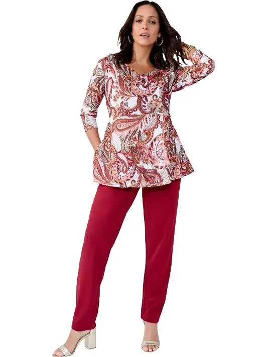 JESSICA LONDON Knit Crepe Peplum Top With Sweetheart Neckline - Clove Tea Rose Paisley