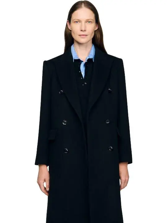Sandro Long Wool Double-breasted Coat - Black