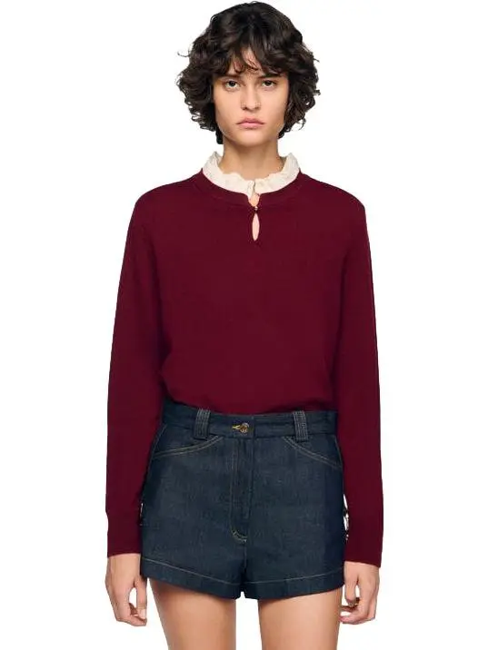 Sandro Ruffled-neck Fine Knit Sweater - Bordeaux