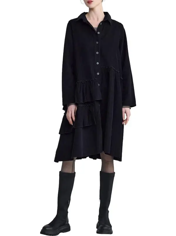 LUUKAA Isolde Ruffled Cord Velvet Shirt Dress - Black