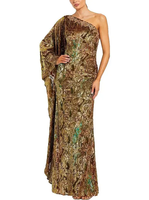 Mac Duggal One-shoulder Metallic Burnout Velvet Evening Gown - Gold Multi