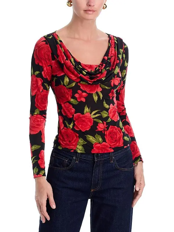 Aqua Rose Jersey Scoop Neck Top - Red/black