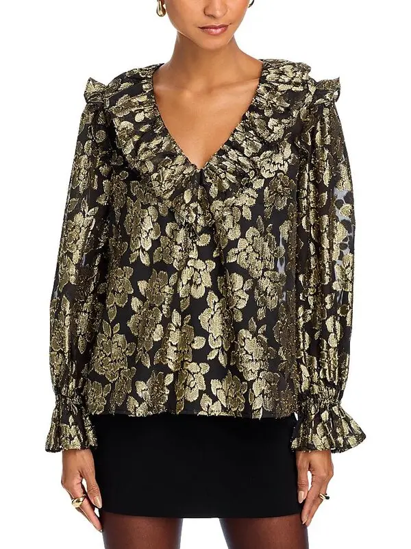 Aqua Metallic Jacquard Ruffle Neck Top - Black/gold