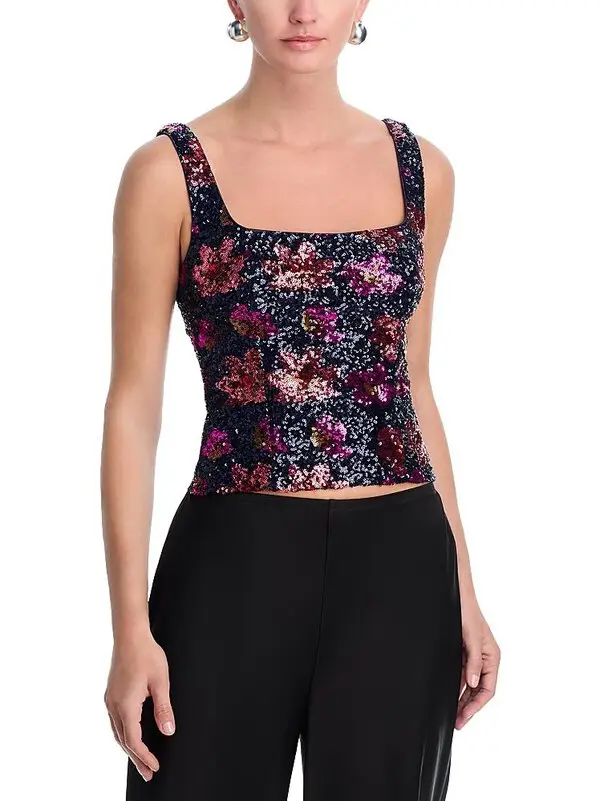 Aqua Sequin Floral Top - Navy Multi