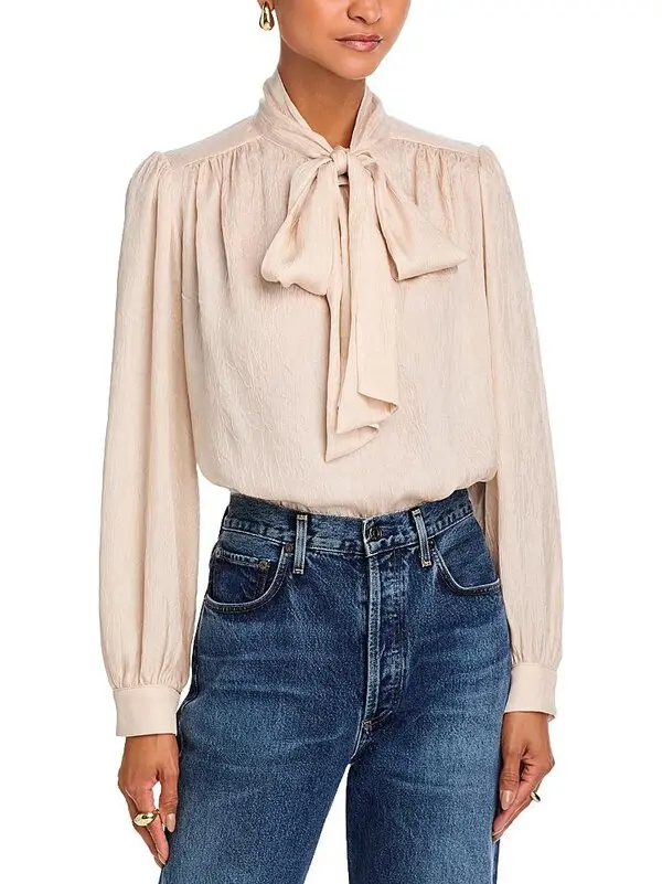Aqua Metallic Bow Long Sleeve Blouse - Champagne