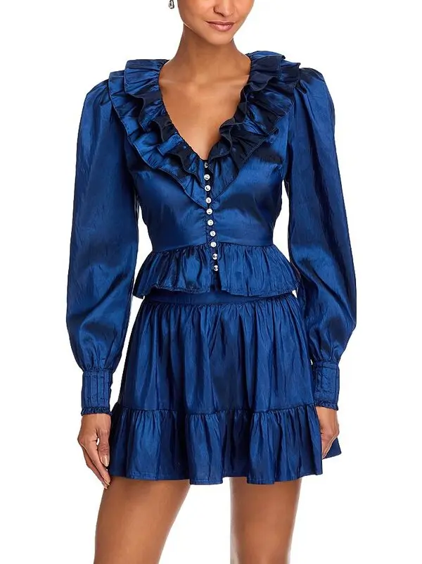 Aqua Crinkle Ruffle Collar Long Sleeve Blouse Exclusive - Navy