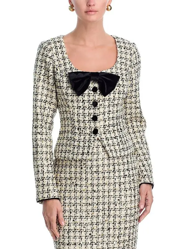 Aqua Sequin Tweed Velvet Bow Jacket - Ivory/black