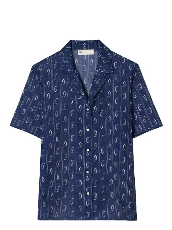 Tory Burch Printed Camp Shirt - Blue Paisley