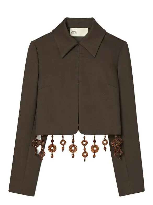 Tory Burch Cropped Crepe Jacket - Dark Mocha