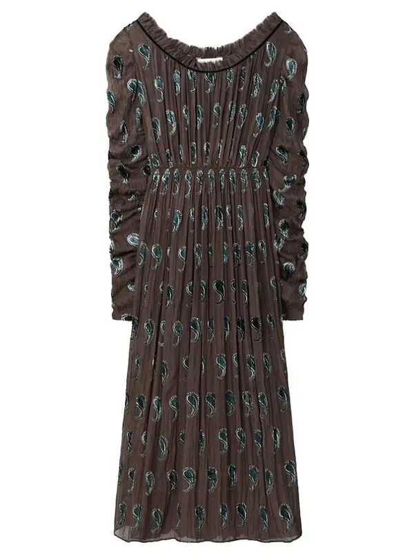 Tory Burch Ruched Velvet Dress - Brown Paisley
