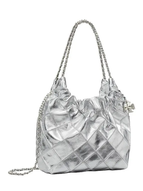 Tory Burch Mini Fleming Metallic Hobo Bag - Silver