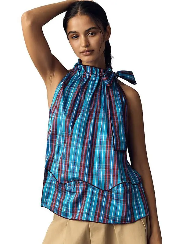 Maeve Sleeveless Tie-neck Blouse - Blue Plaid