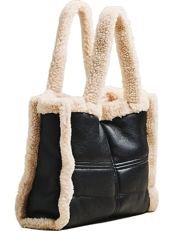 LAMARQUE Zoey Sherpa Fleece Leather Tote - Black & Ivory