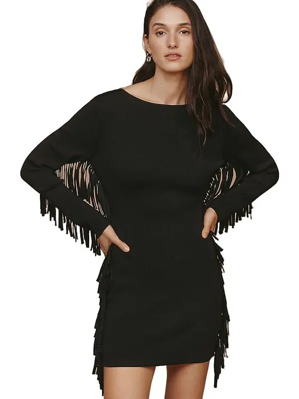 Endless Rose Long-sleeve Fringe Mini Sweater Dress - Black