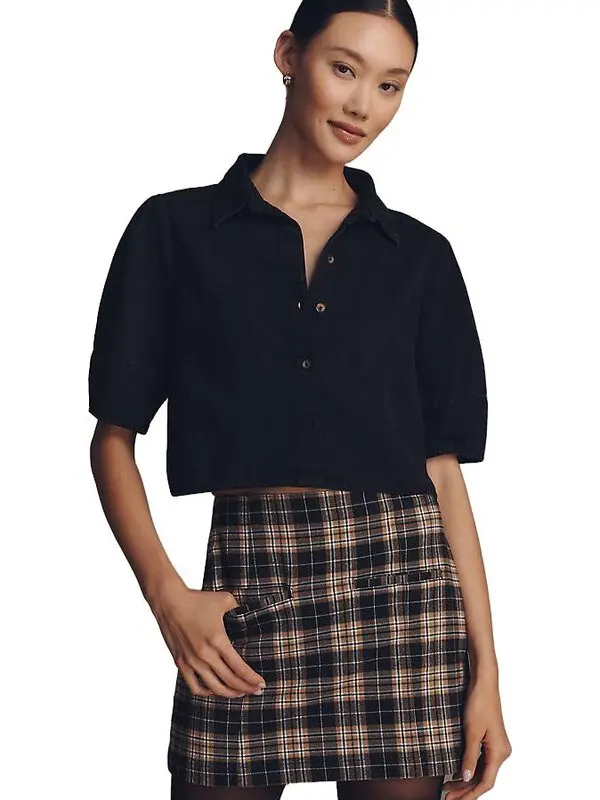 PILCRO Lantern-sleeve Collared Crop Blouse - Black