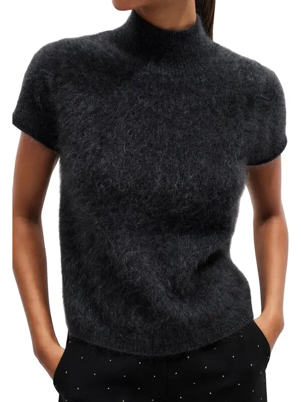 ME+EM Brushed Cashmere High Neck Baby Tee - Charcoal Melange
