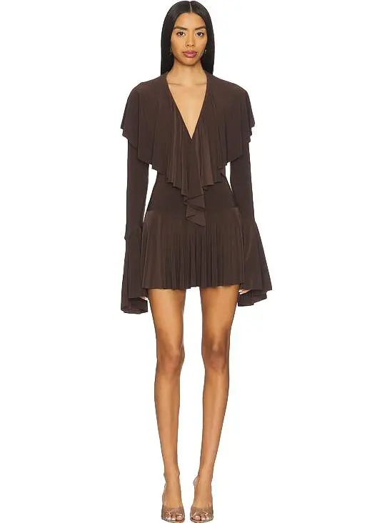 Norma Kamali Long Sleeve Deep V Ruffle Mini Dress - Chocolate