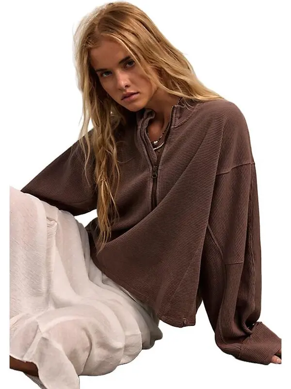 Free People We The Free Celeste Quarter Zip Pullover - Mochachinno