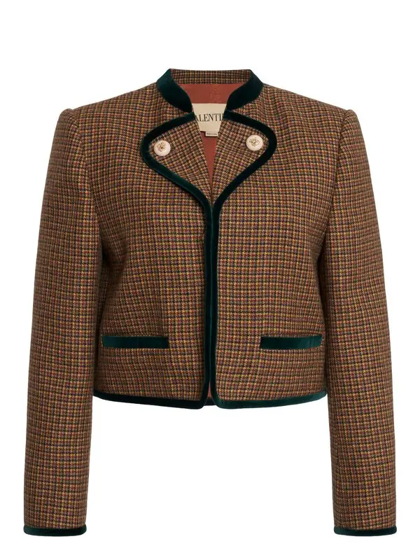 Valentino Garavani Houndstooth Virgin Wool Cropped Jacket - Brown