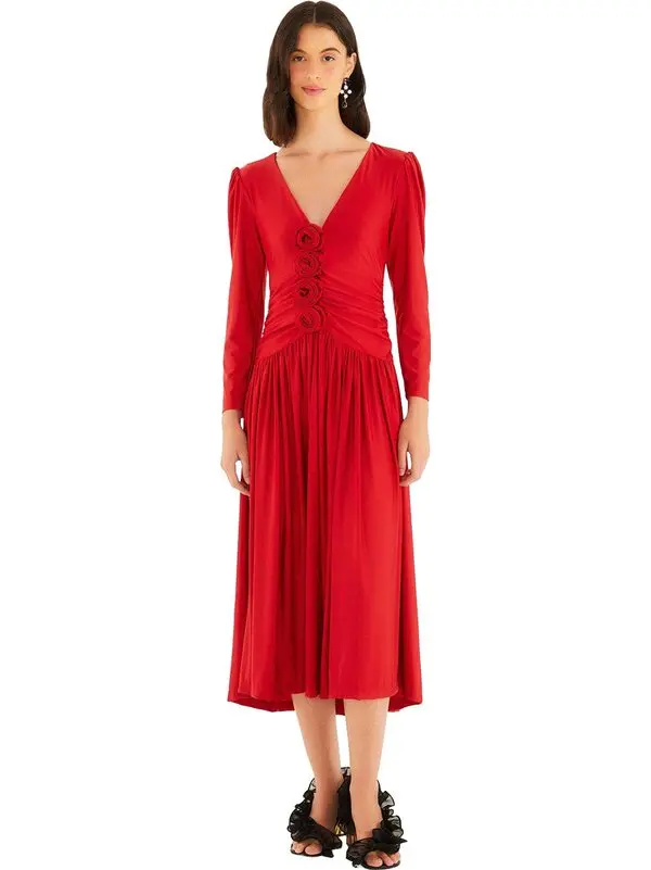 FARM RIO PROVISÓRIO 3d Roses Long Sleeve Draped Midi Dress - Red
