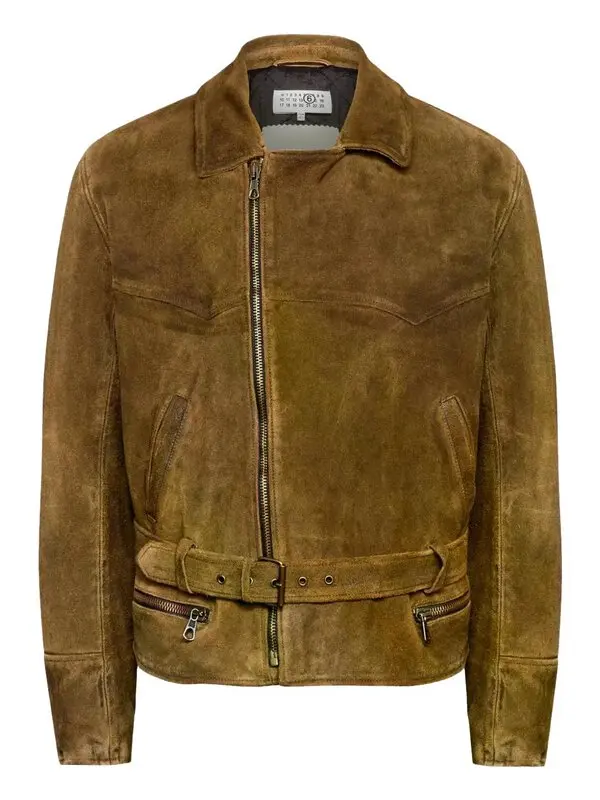 MAISON MARGIELA Belted Asymmetrical-zip Leather Jacket - Brown