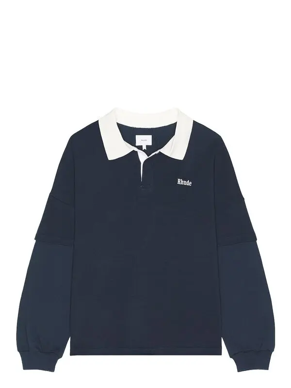 Rhude Layered Pique Polo In Blue - Dark Navy & White