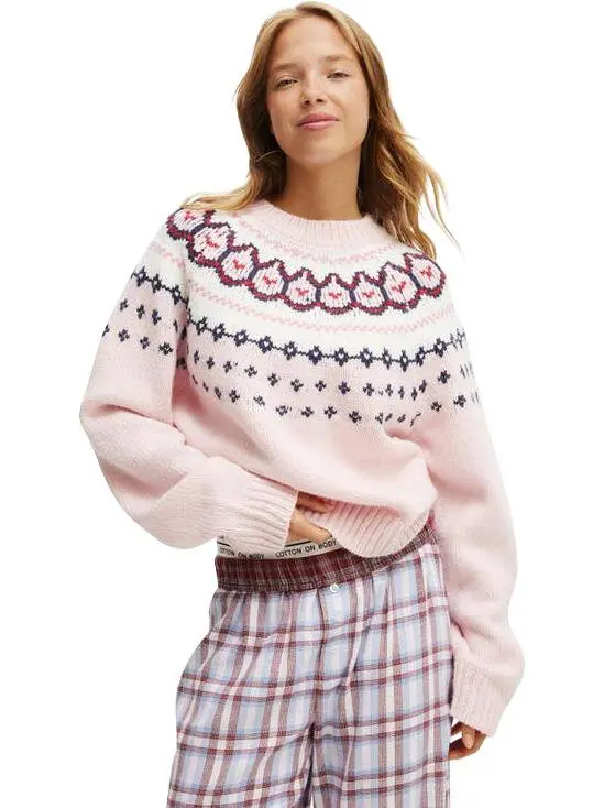 Cotton:on Relaxed Fit Knitted Jumper - Cozy Girl Fairisle Blushing