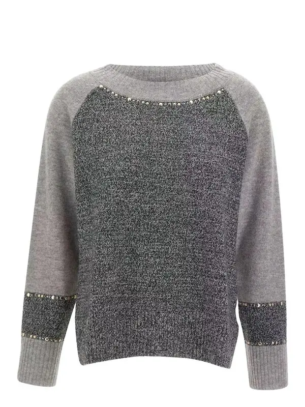 ELENA MIRO` Stud-embellished Ribbed Wool Sweater - Grey