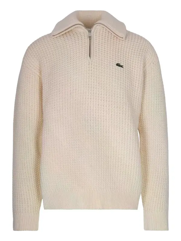 Lacoste Waffle Knit Zip Pullover - Neutrals