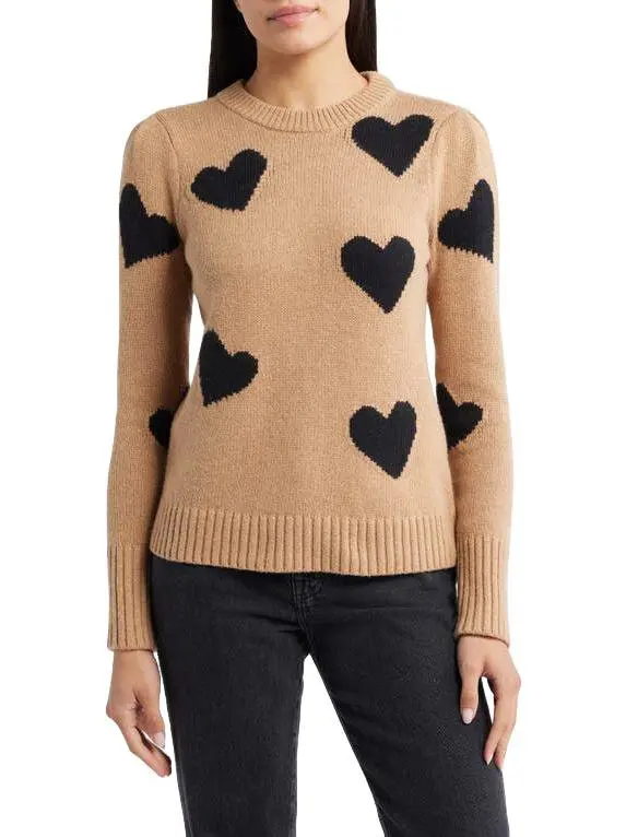 Caslon Intarsia Heart Sweater - Tan Camel Heather- Black Heart